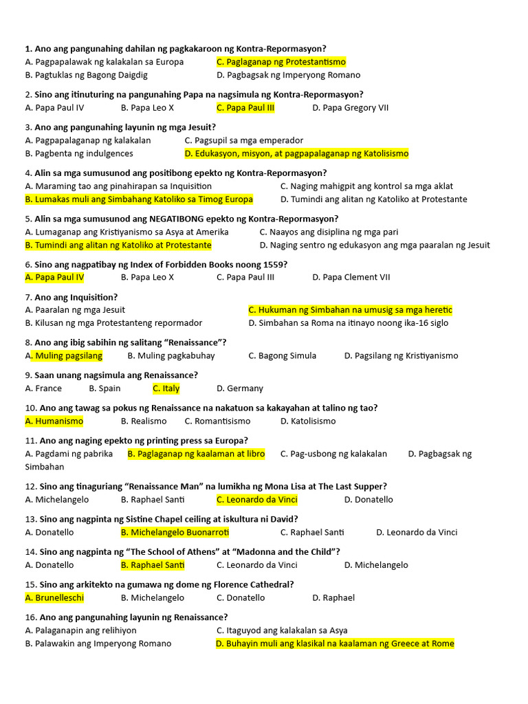Answer Key Summative Test 2.2 Renaissance Exam | PDF
