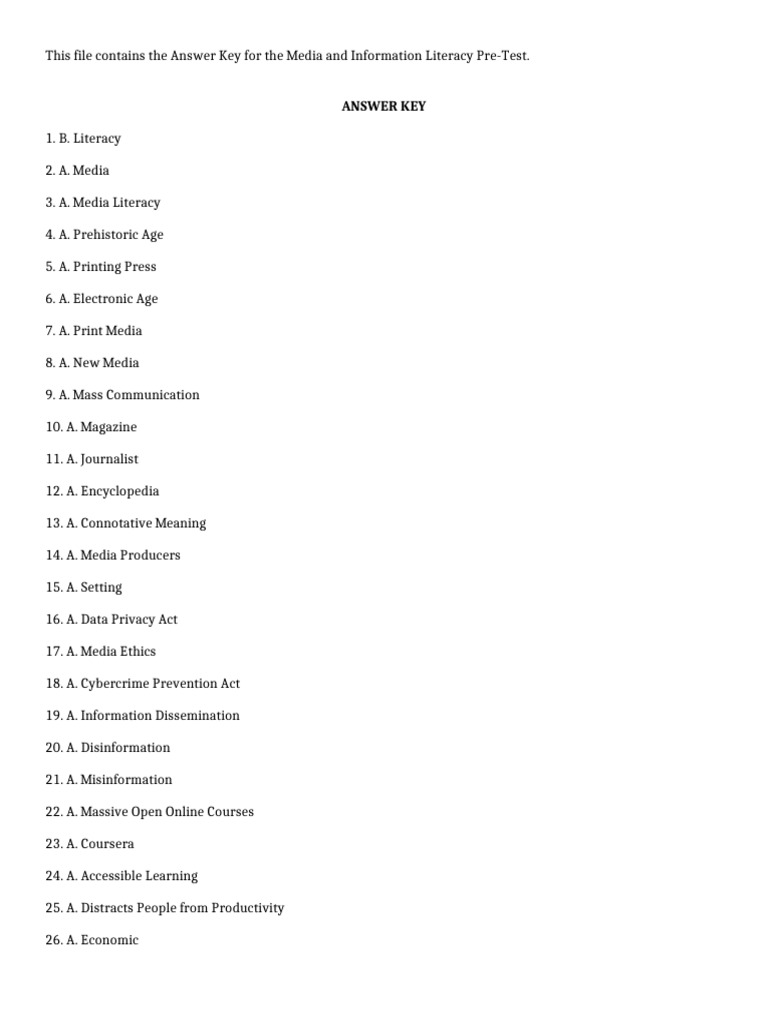 Media Literacy Pre-Test Answer Key | PDF