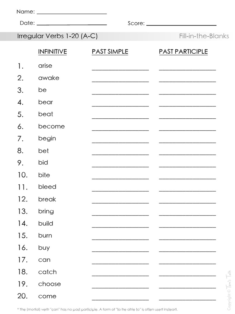 Irregular Verbs Fill in The Blanks List | PDF | Verb | Grammar