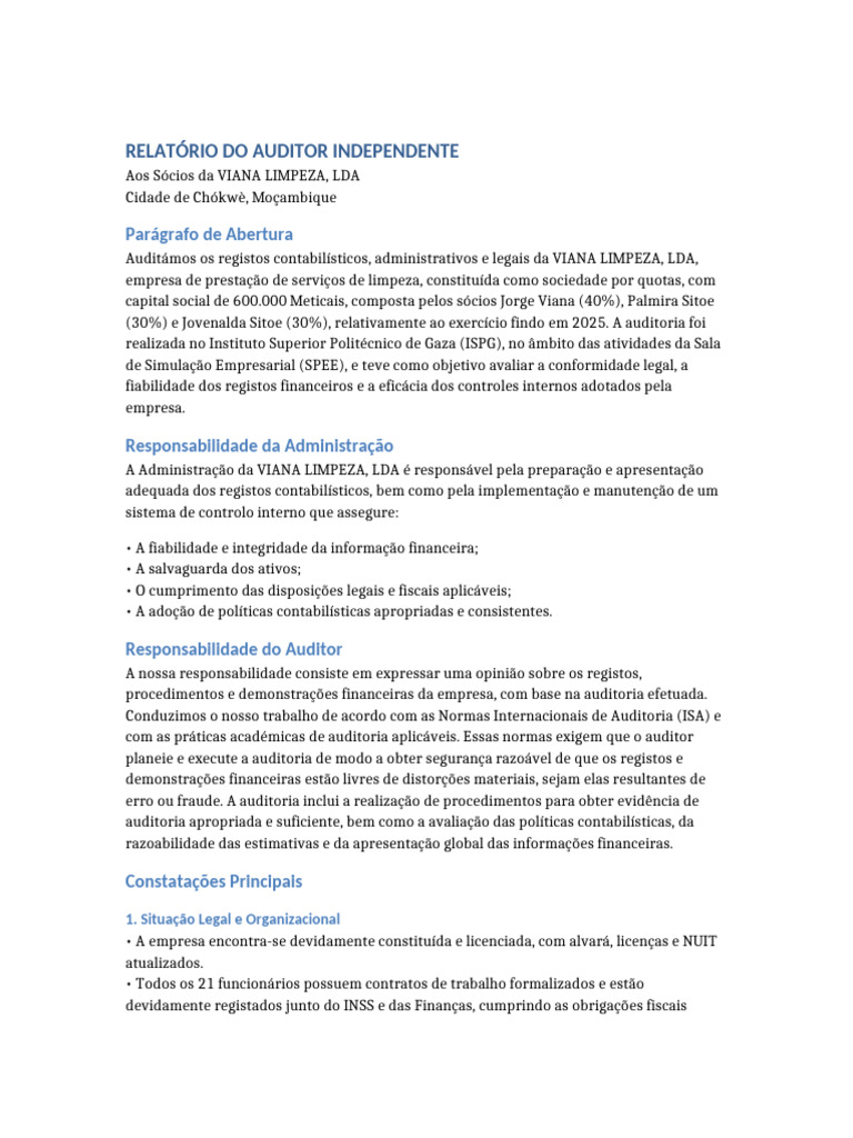 Relatorio_Auditoria Limpeza_LDA | PDF | Contabilidade | Relatório anual