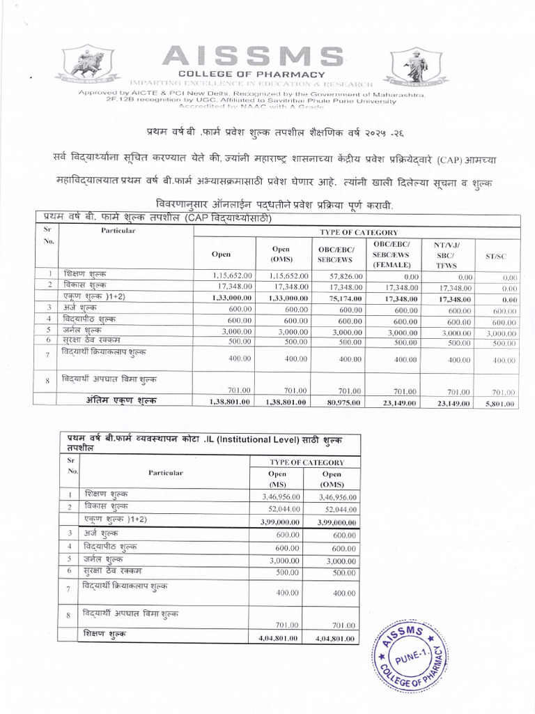 Fees Structure B Pharm | PDF