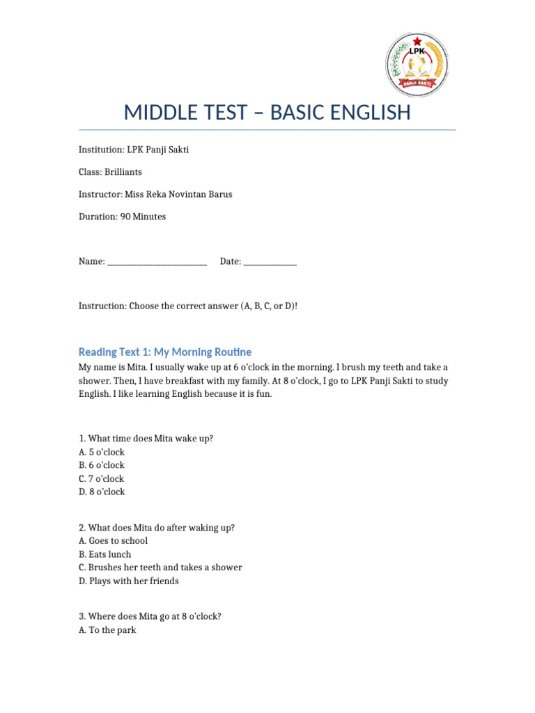 Middle Test Basic English LPK Panji Sakti FULL | PDF
