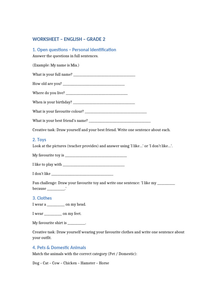 English Worksheet Grade2 | PDF | Pet
