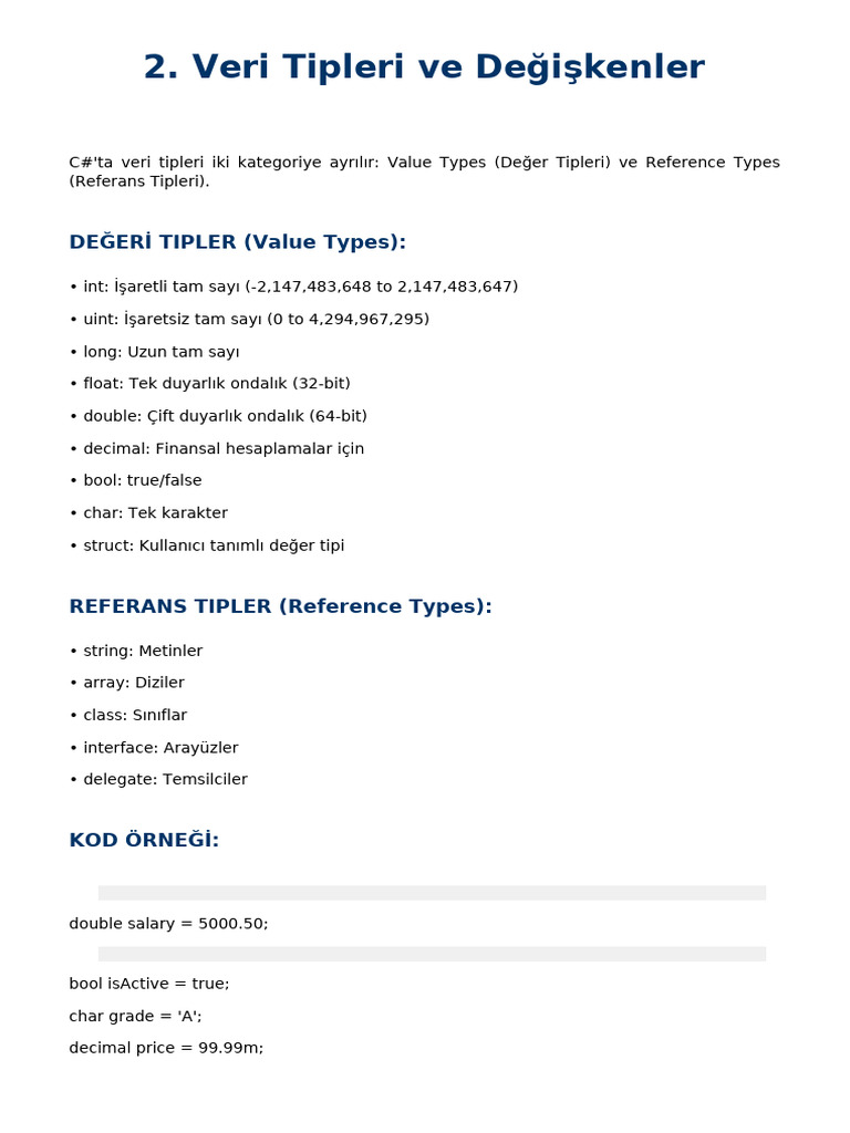 Ders 02 2. Veri Tipleri Ve Değişkenler | PDF