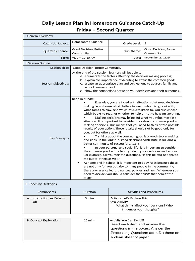 Grade 5 Homeroom Guidance Lesson Plan | PDF | Learning | Knowledge