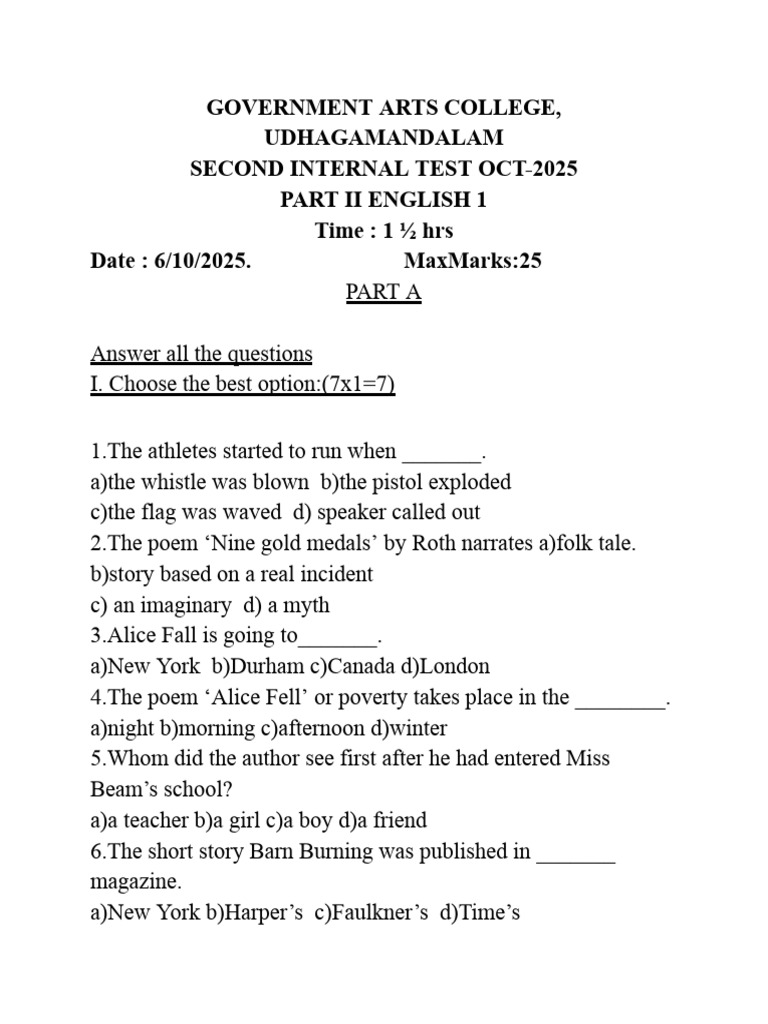 Government Arts College English Test 2025 | PDF