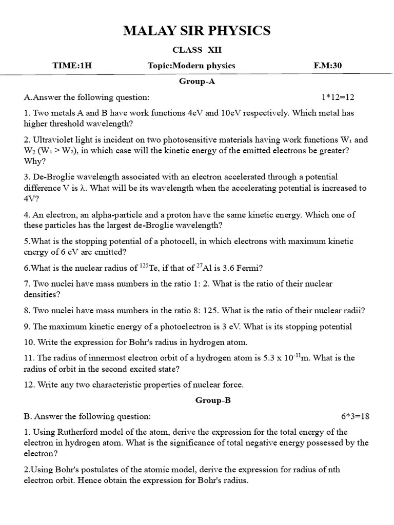 Modern Physics Question | PDF | Electron | Atoms