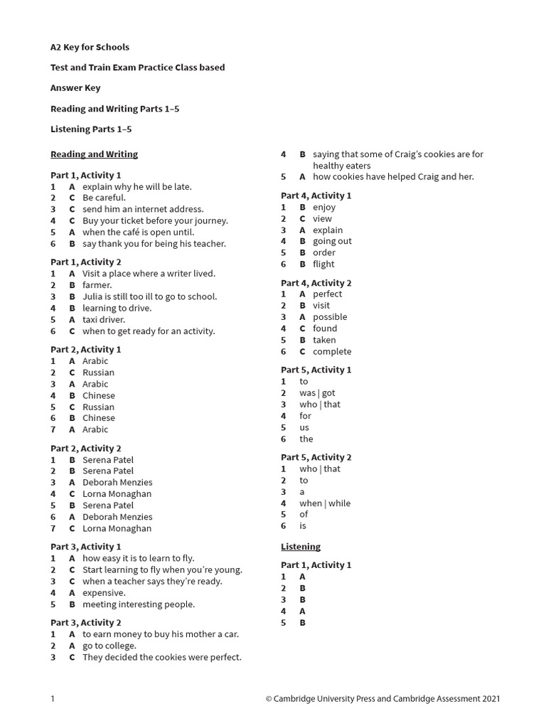 A2 Key for Schools Exam Practice Class Based Answer Key | PDF