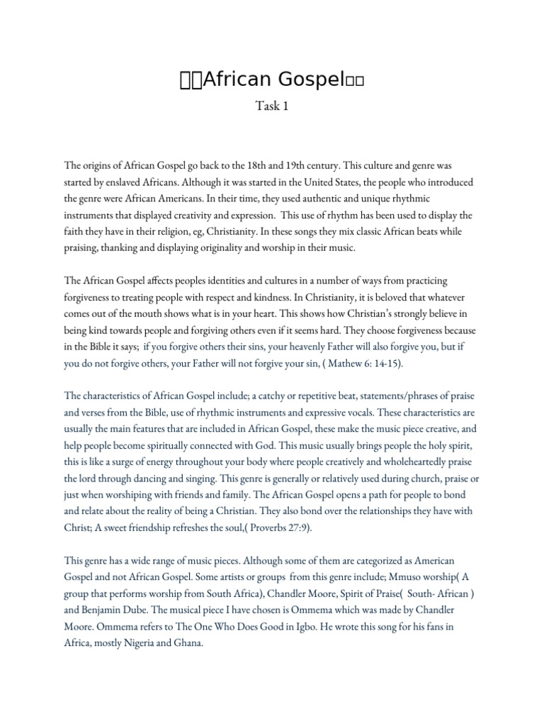 Summative Task 1 - Music - African Gospel - Entle Maroba - 7C | PDF ...