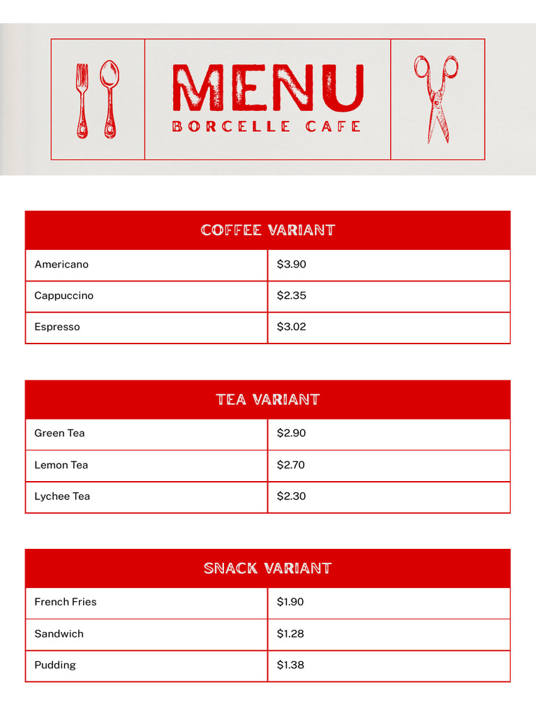 Borcelle Cafe Menu and Prices | PDF