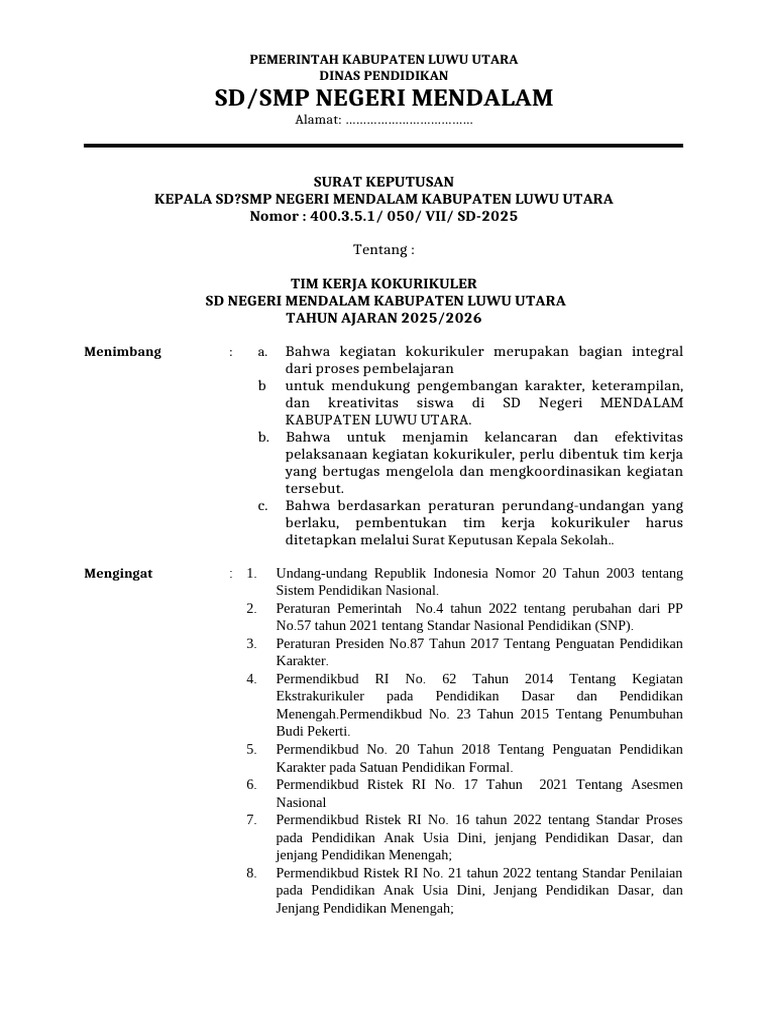 08 - SK Tim Kerja Kokurikuler (1) | PDF