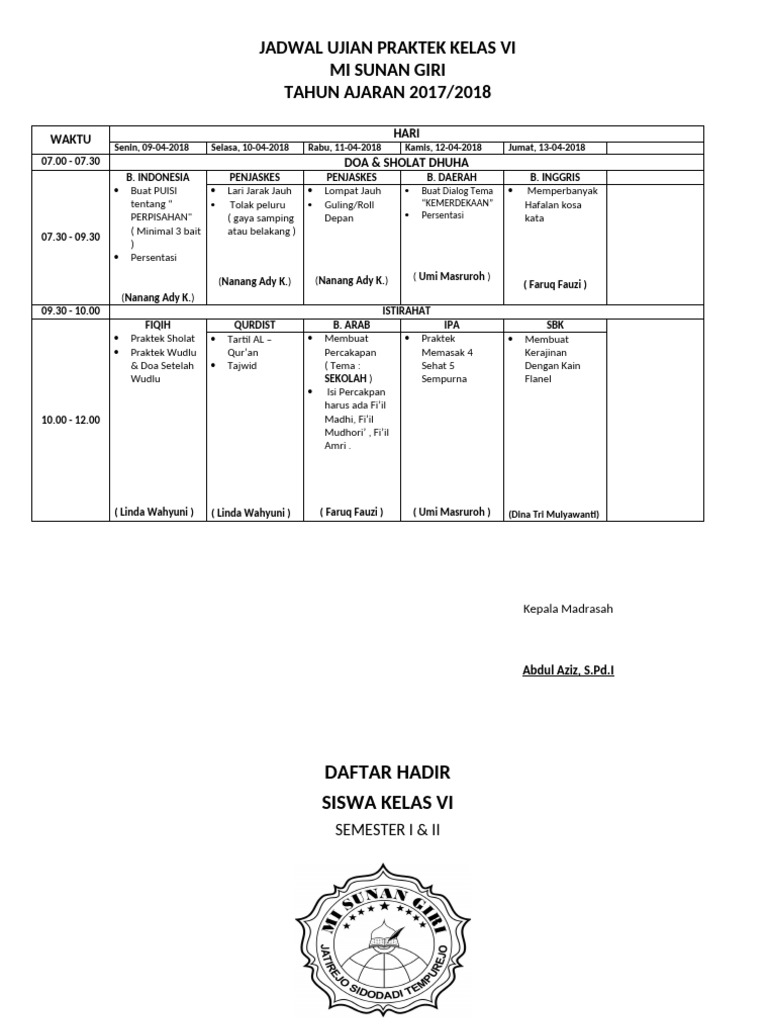 Jadwal Ujian Praktek Kelas VI MI Sunan Giri | PDF