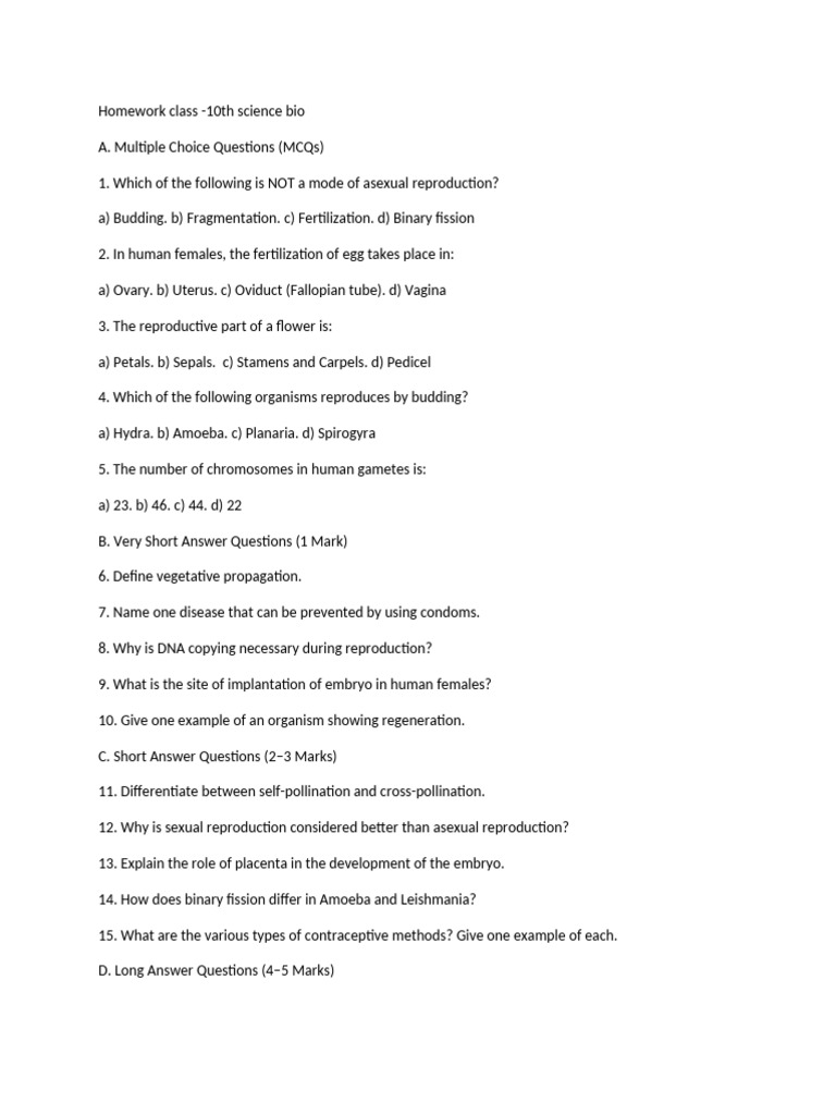 Homework Class-10th Bio | PDF
