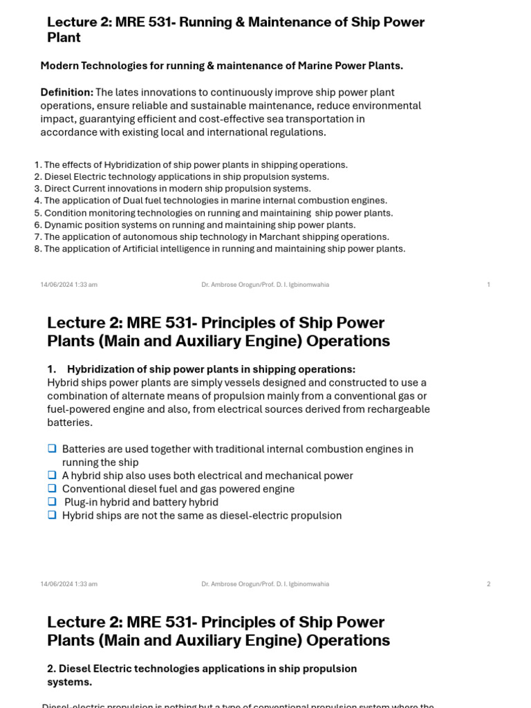 Lecture 2 - MRE 531 Principle of Operation Marine Power Plants | PDF | Engines | Marine Propulsion