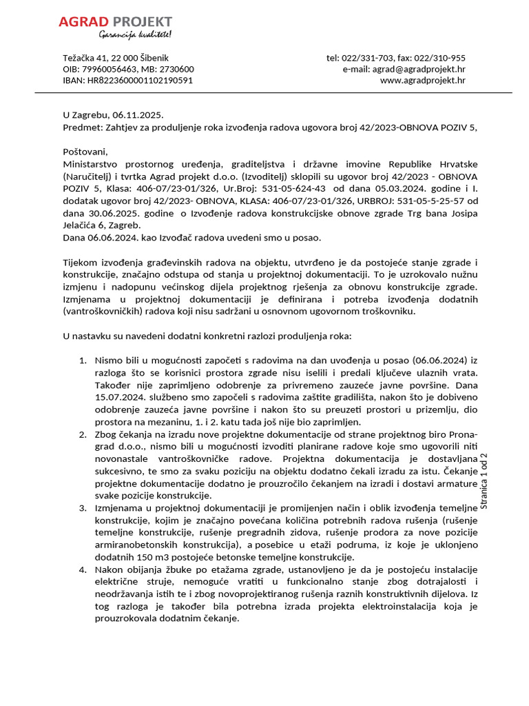 Zahtjev Za Produljenje Ugovora Agrad P. Memorandum | PDF