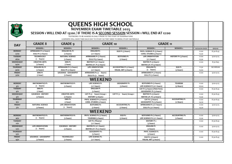 November Exam Timetable 2025 | PDF