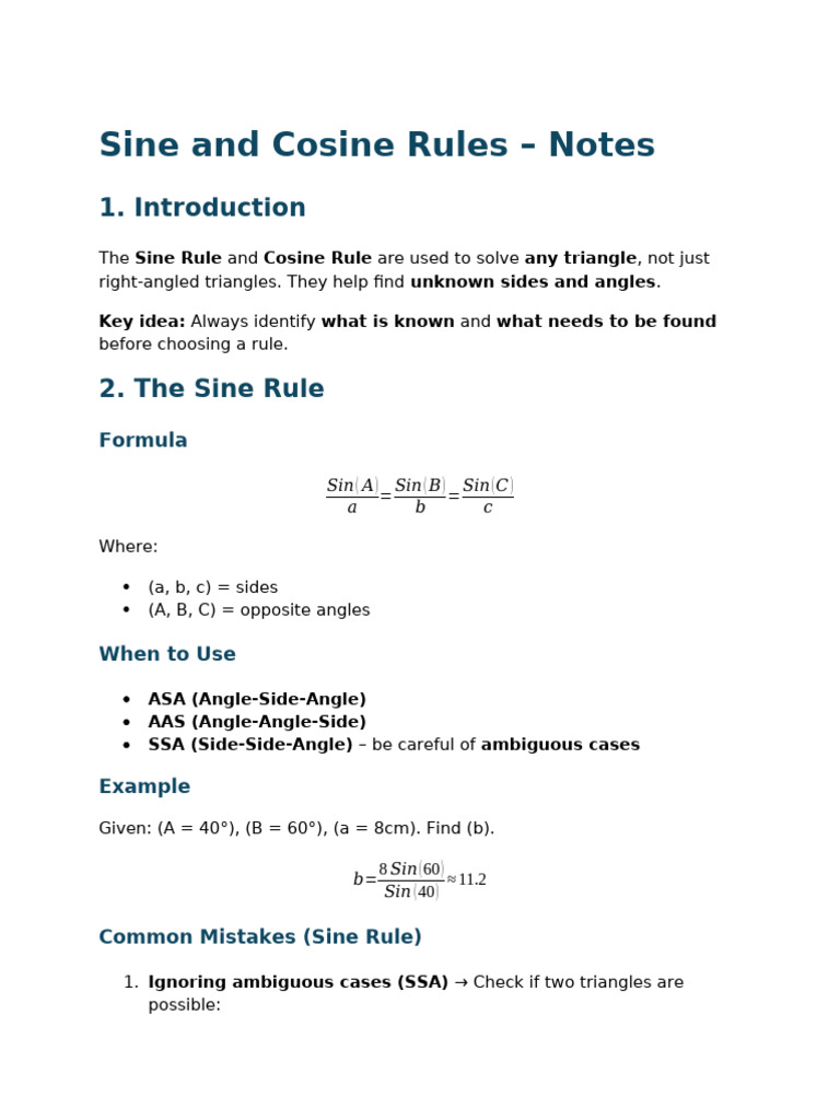Sine and Cosine Rules - Notes | PDF | Geometric Measurement ...