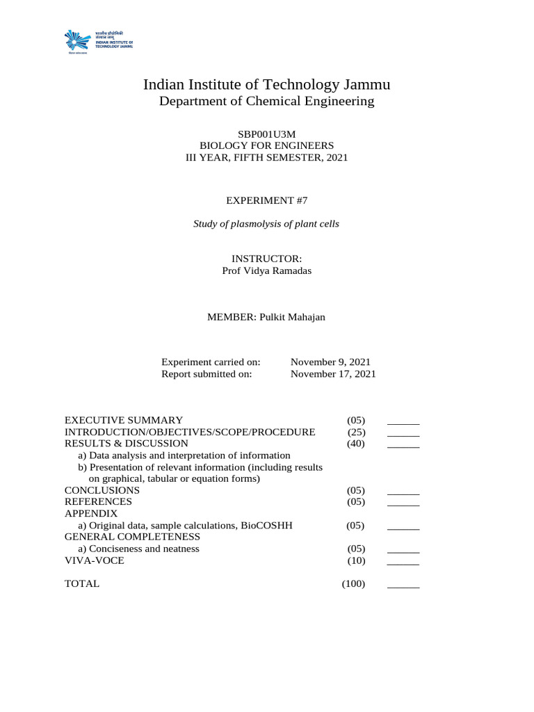 Pulkit Mahajan Bio Lab Report Exp 7 | PDF | Osmosis | Cell Biology
