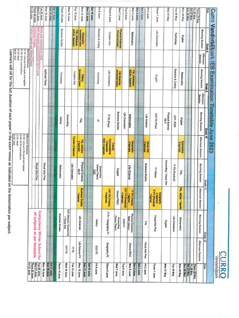 June Exam Timetable Gr8-12 For 2023 | PDF