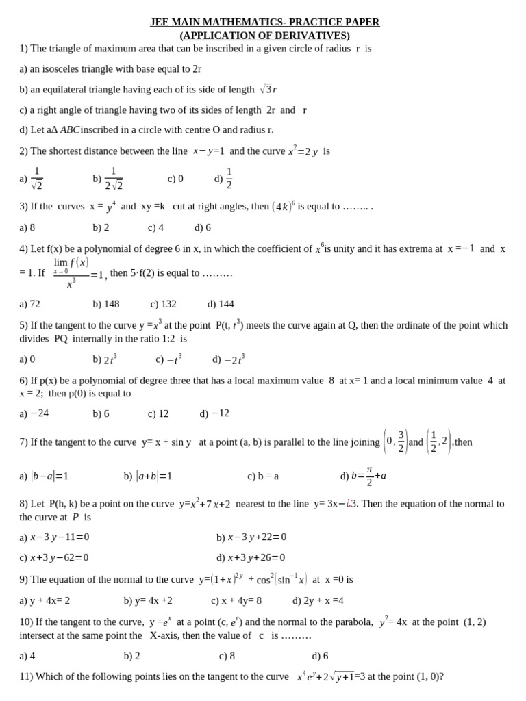 Jee Main - Practice Paper (Mathematics) (Application of Derivatives ...