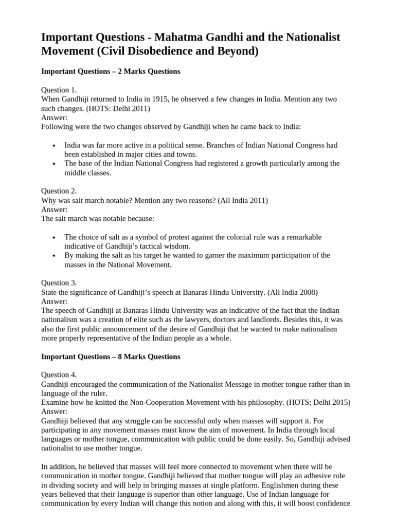Important Questions - Mahatma Gandhi and Nationalist Movement | PDF ...