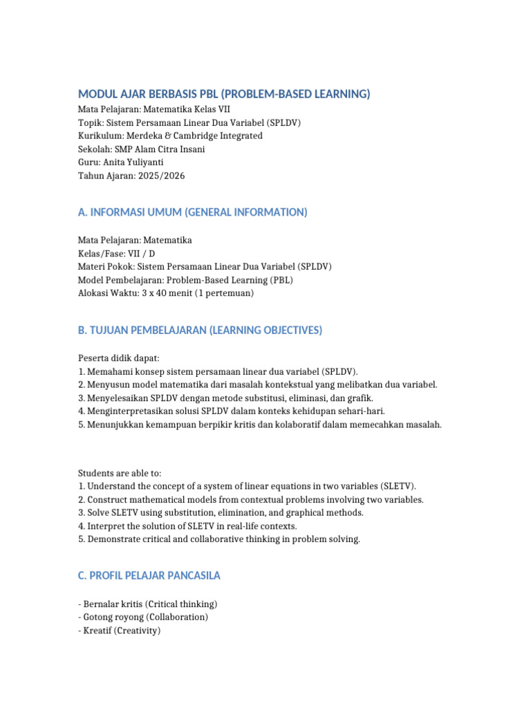 Modul Ajar PBL SPLDV Matematika KelasVII AnitaYuliyanti | PDF