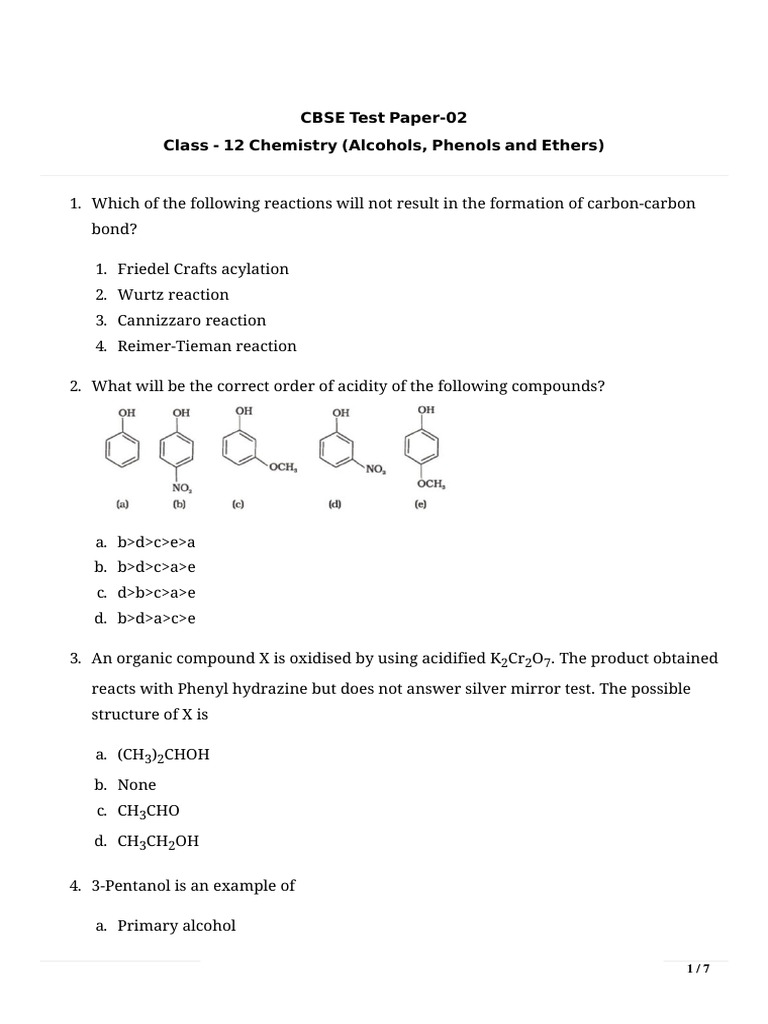 Class 12 Chemistry: Alcohols & Ethers Test | PDF