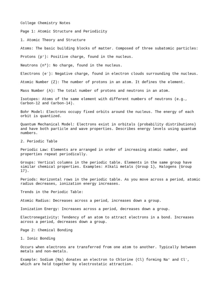 College Chemistry Notes Overview | PDF | Chemical Polarity | Atoms