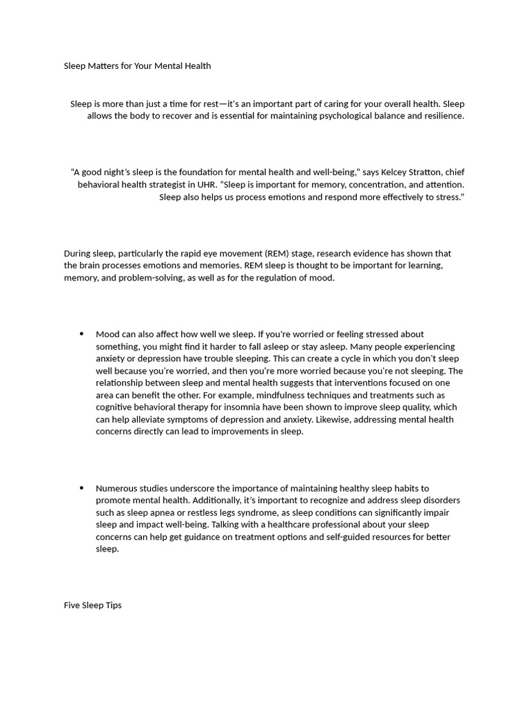 Sleep Matters For Your Mental Health | PDF | Sleep | Mental Health