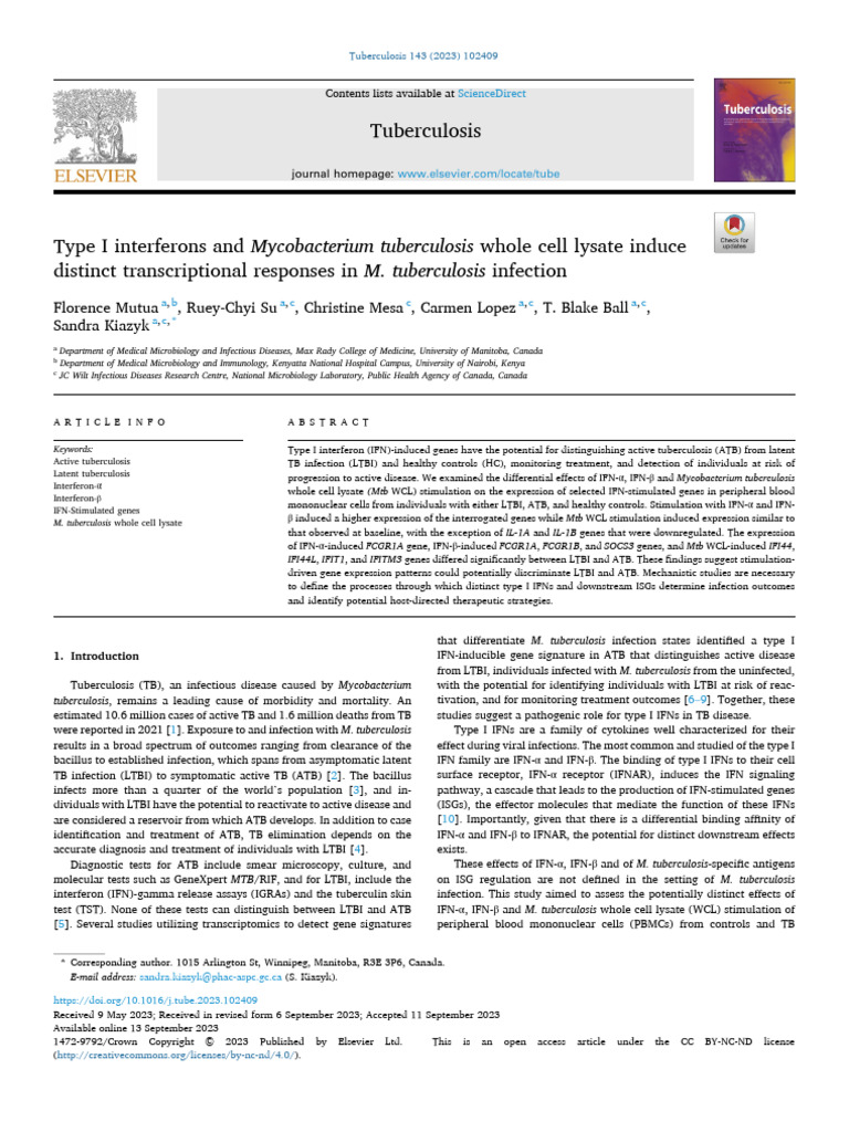 Type I Interferons and Mycobacterium Tuberculosis Whole Cell Lysa 2023 ...