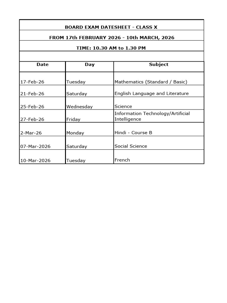 Class X CBSE Board Datesheet 2026 | PDF