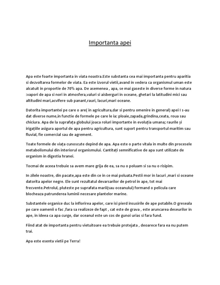 Importanta Apei | PDF