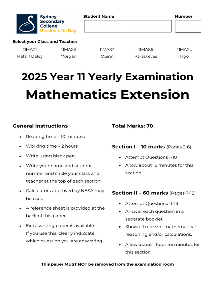 AT3 2025 - 11 Mathematics Extension Yearly Examination UPDATED FINAL ...