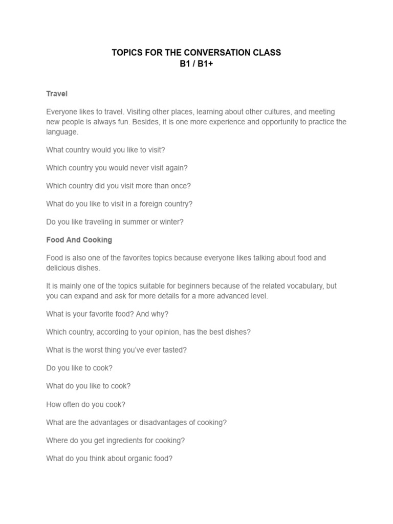 Conversation Class Topics for B1/B1+ | PDF