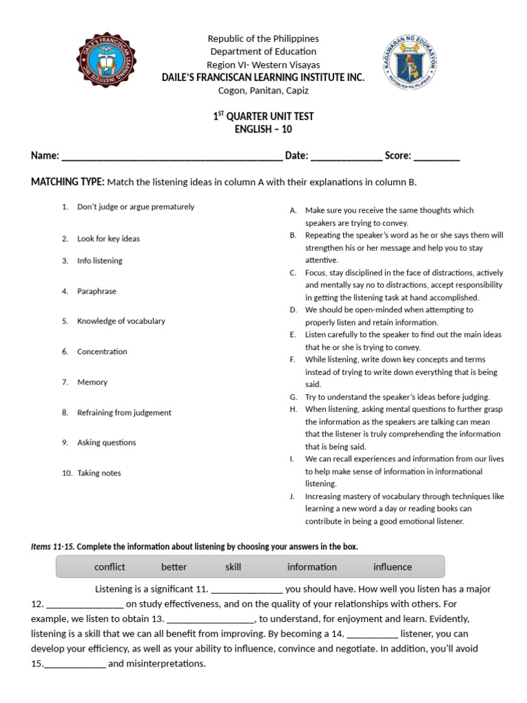 Grade 10 - Unit Test | PDF | Noun | Adverb