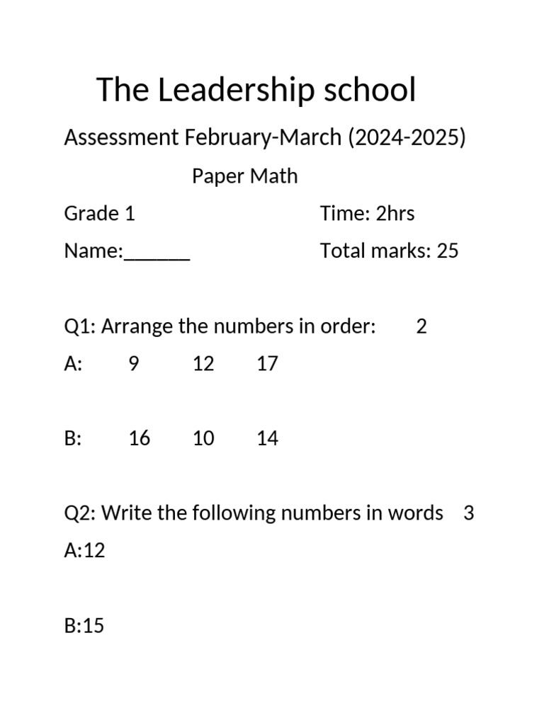 Grade 1 Math Assessment 2024-2025 | PDF