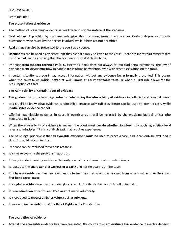 Lev 3701 Notes | PDF | Evidence (Law) | Burden Of Proof (Law)