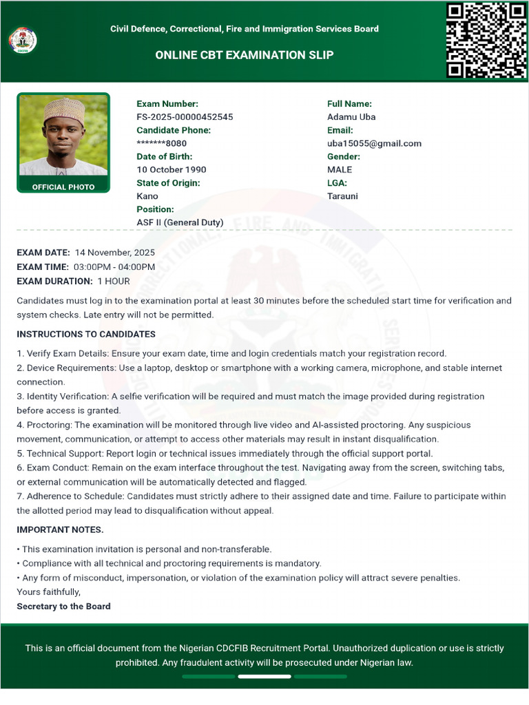 ADAMU ALIYU UBA Application Slip | PDF