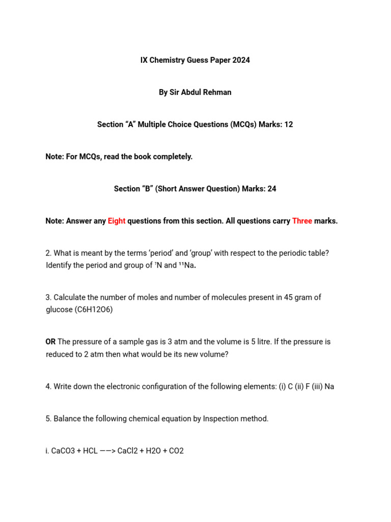 IX Chemistry Guess Paper 2024 Guide | PDF | Chemical Bond | Chemistry