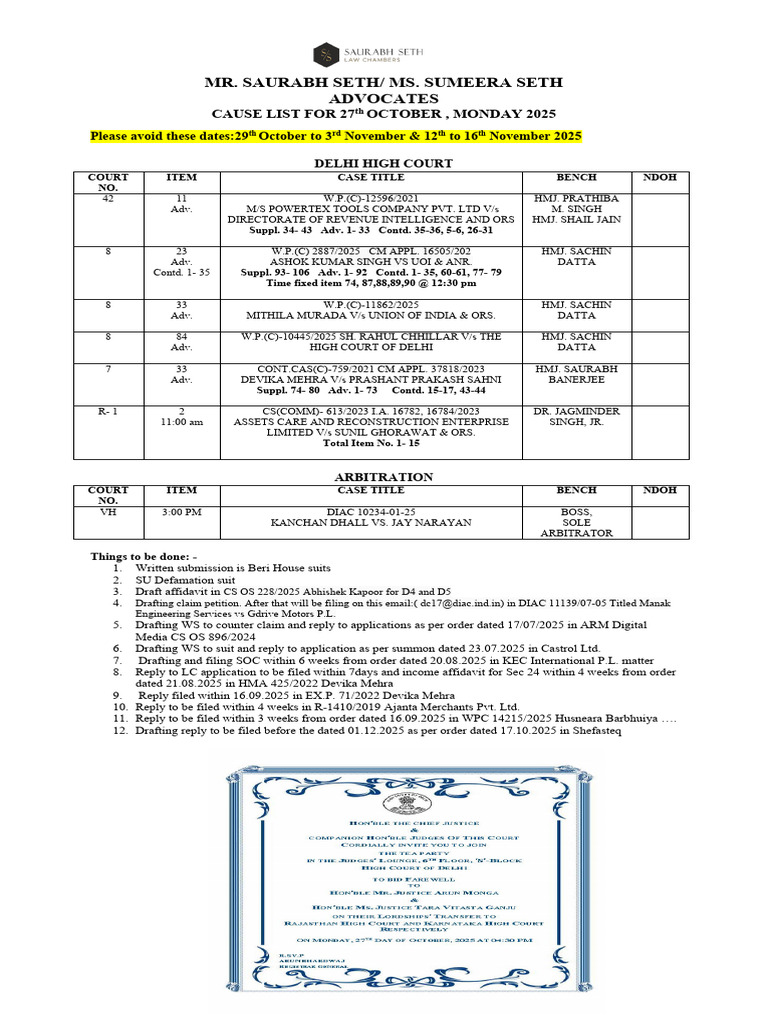 Delhi High Court Cause List - Oct 27, 2025 | PDF | Chess Openings ...