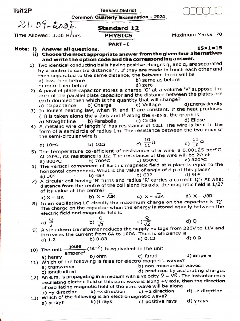 12th Physics Quarterly Exam 2024 Original Question Paper Tenkasi ...