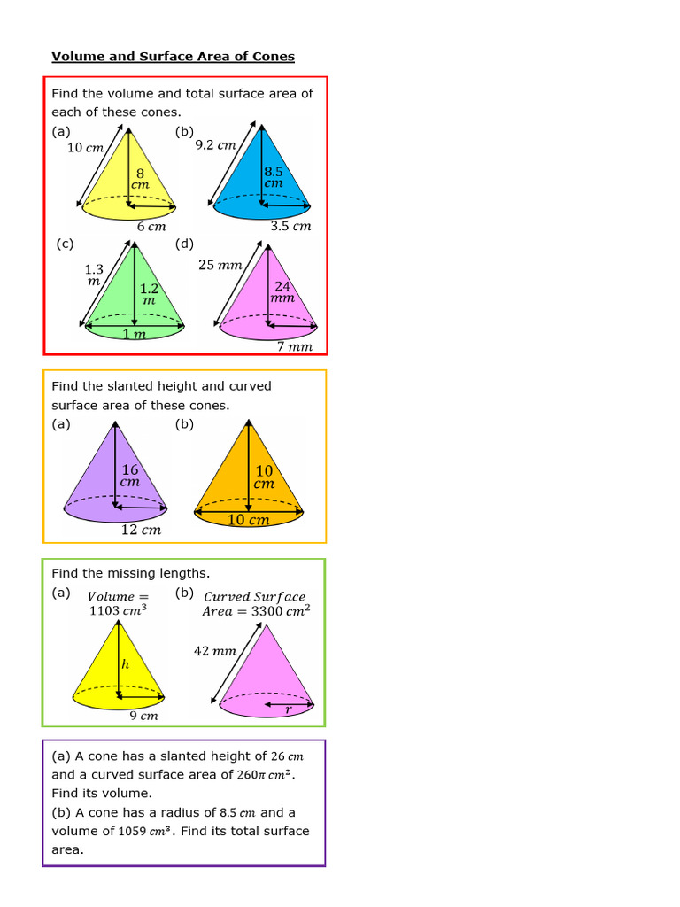 SW_Volume and Surface Area of Cones Practice Strips | PDF