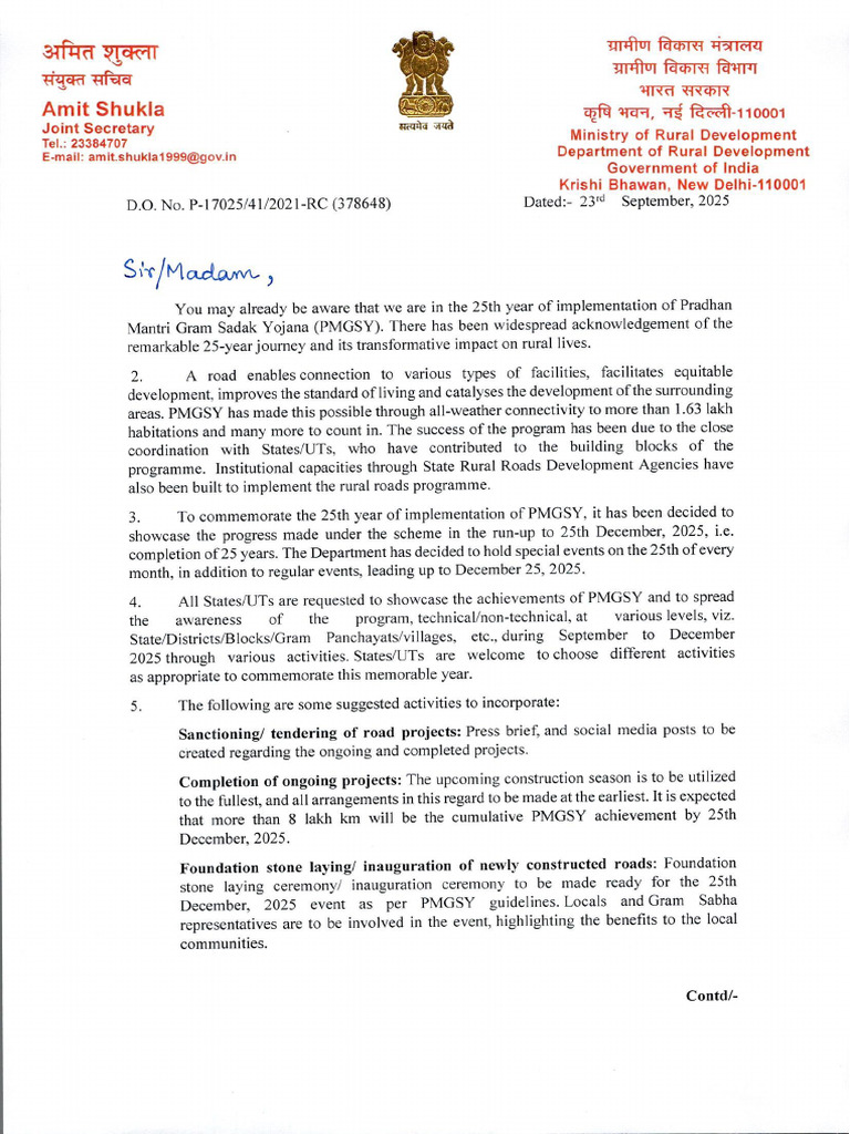 D.O Letter - 25 Years of Pmgsy | PDF