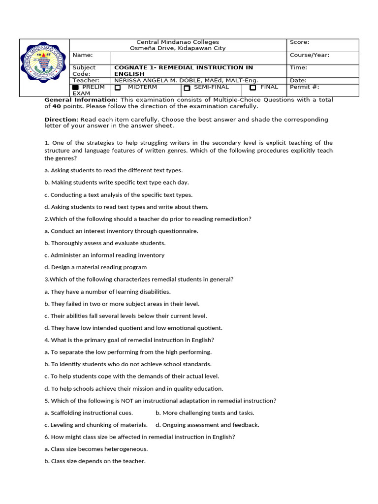 Remedial Sample Quiz | PDF | Reading Comprehension | Learning Disability