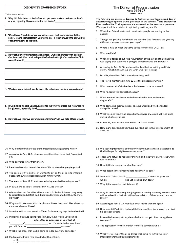 CBH074 - The Danger of Procrastination - Notes | PDF | Jesus | Acts Of ...