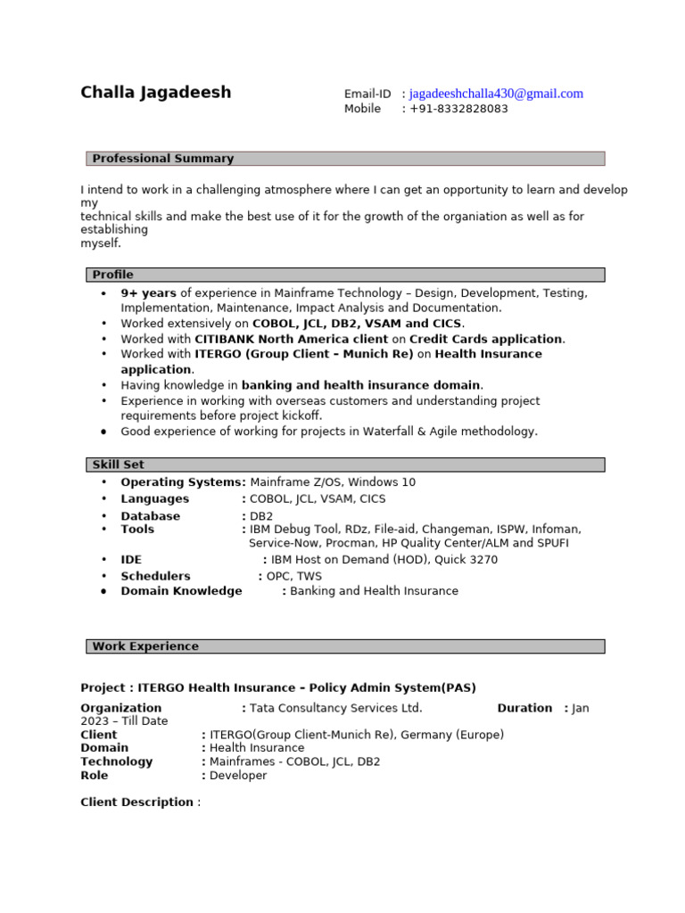 Mainframe Developer Resume - Challa Jagadeesh | PDF | Information ...