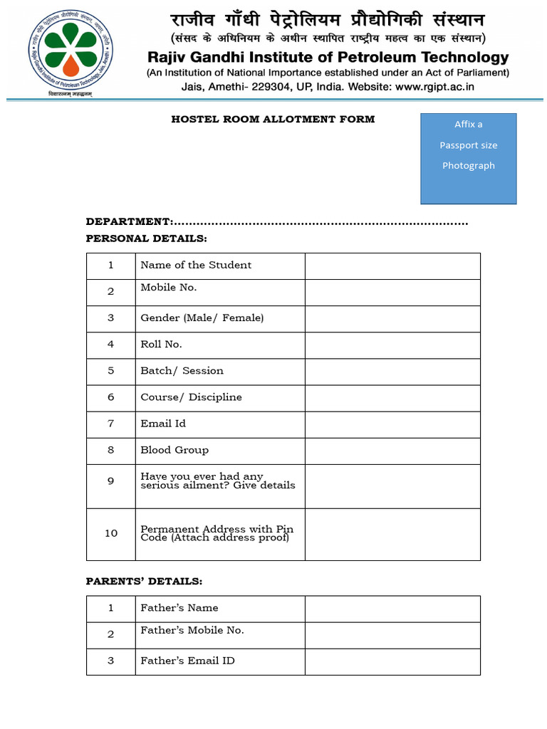 Hostel Room Allotment Form Template | PDF
