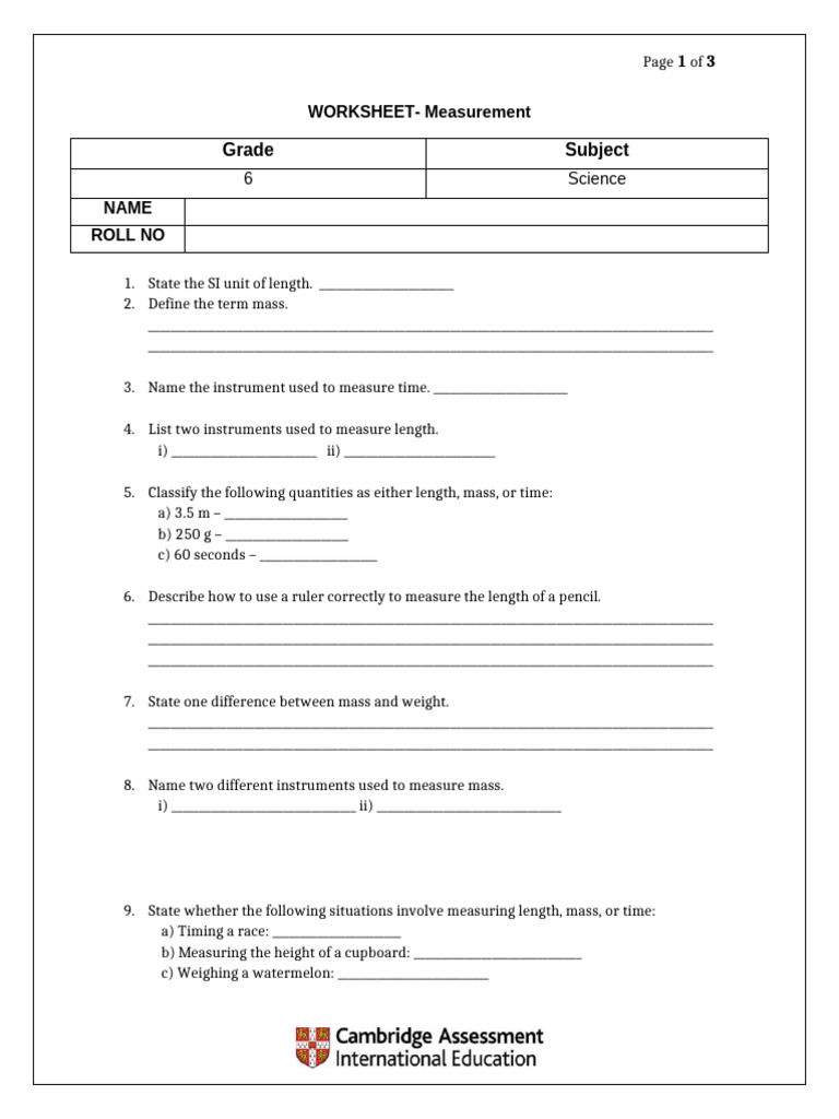 Measurement Worksheet for Grade 6 Science | PDF | Measurement | Weight