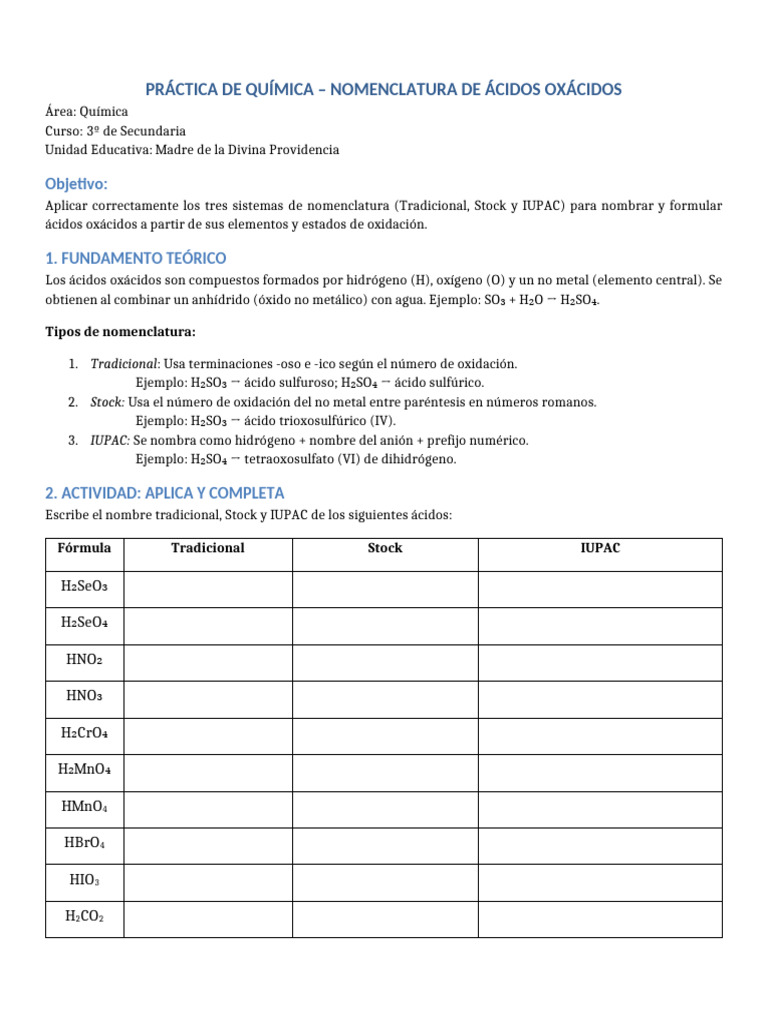 Practica Nomenclatura Acidos Oxacidos 3ro | PDF | Ácido | Moléculas