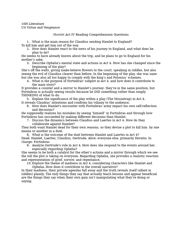 Hamlet Act IV Analysis and Questions | PDF | Hamlet